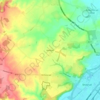 Mapa topográfico Anslow, altitud, relieve