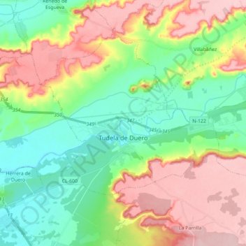 Mapa topográfico Tudela de Duero, altitud, relieve