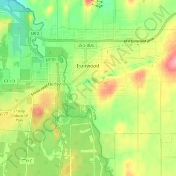 Mapa topográfico Ironwood, altitud, relieve