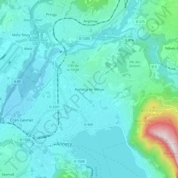 Mapa topográfico Annecy-le-Vieux, altitud, relieve