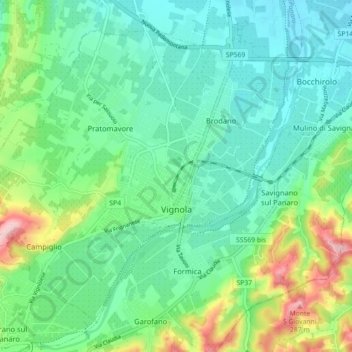 Mapa topográfico Vignola, altitud, relieve