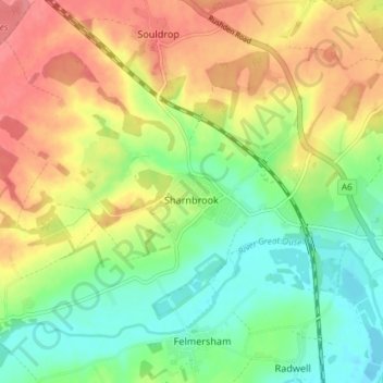 Mapa topográfico Sharnbrook, altitud, relieve