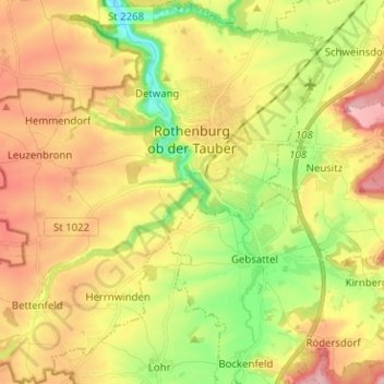 Mapa topográfico Rothenburg ob der Tauber, altitud, relieve