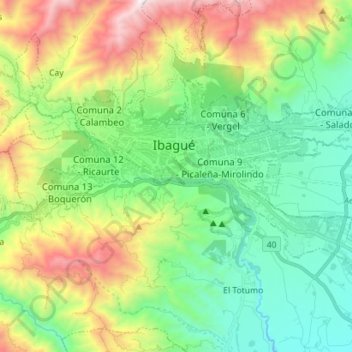Mapa topográfico Perímetro Urbano Ibagué, altitud, relieve