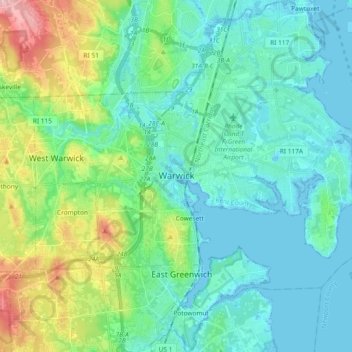 Mapa topográfico Warwick, altitud, relieve