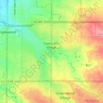 Mapa topográfico Cherry Hills Village, altitud, relieve