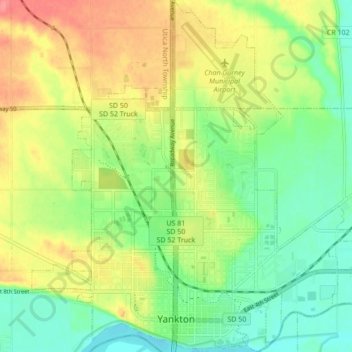 Mapa topográfico Yankton, altitud, relieve