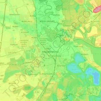 Mapa topográfico Bitterfeld-Wolfen, altitud, relieve