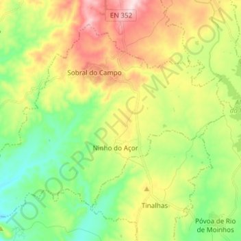Mapa topográfico Ninho do Açor e Sobral do Campo, altitud, relieve