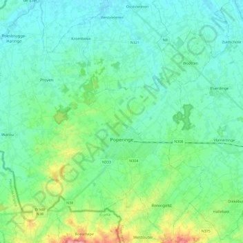 Mapa topográfico Poperinge, altitud, relieve