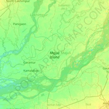 Mapa topográfico Majuli Island, altitud, relieve
