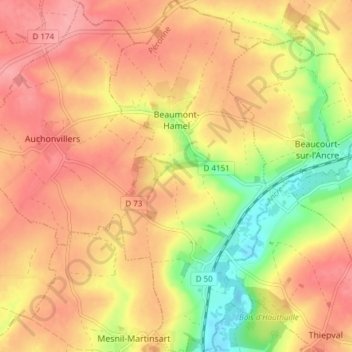 Mapa topográfico Beaumont-Hamel, altitud, relieve