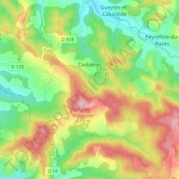 Mapa topográfico Corbières, altitud, relieve