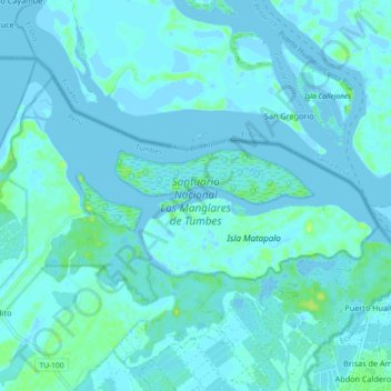 Mapa topográfico Santuario Nacional Los Manglares de Tumbes, altitud ...