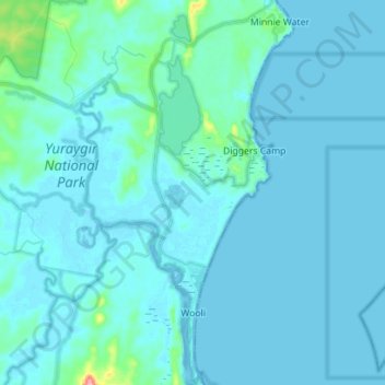 Mapa topográfico Wooli, altitud, relieve