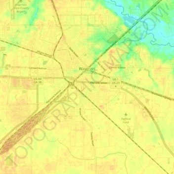 Mapa topográfico Waycross, altitud, relieve