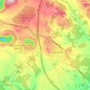 Mapa topográfico Markfield, altitud, relieve
