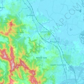 Mapa topográfico Pimpama River, altitud, relieve