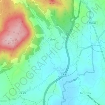 Mapa topográfico Calvelo, altitud, relieve
