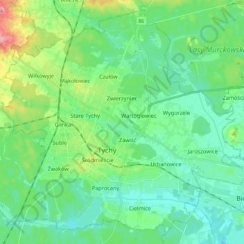 Mapa topográfico Tychy, altitud, relieve