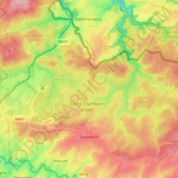 Mapa topográfico Elsenborn, altitud, relieve