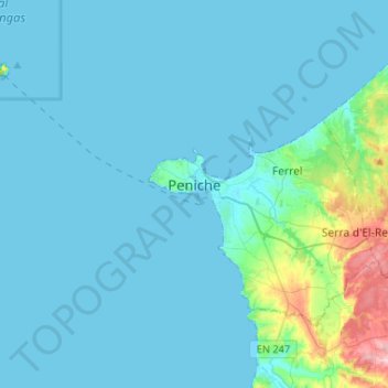 Mapa topográfico Peniche, altitud, relieve