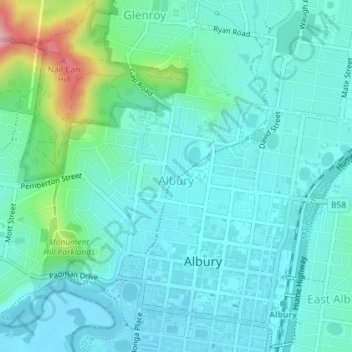 Mapa topográfico Albury, altitud, relieve