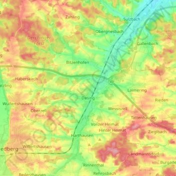 Mapa topográfico Dasing, altitud, relieve