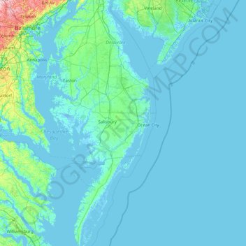 Mapa topográfico Delmarva Peninsula, altitud, relieve