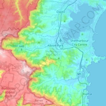 Mapa topográfico Shellharbour City Council, altitud, relieve