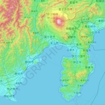 Mapa topográfico Fuji-Hakone-Izu National Park, altitud, relieve