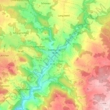 Mapa topográfico Zwettl an der Rodl, altitud, relieve