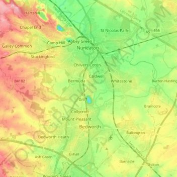 Mapa topográfico Nuneaton and Bedworth, altitud, relieve