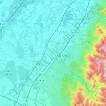 Mapa topográfico Achern, altitud, relieve