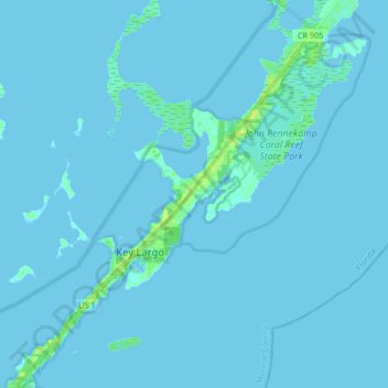 Mapa topográfico Key Largo, altitud, relieve