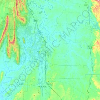 Mapa topográfico Gordon County, altitud, relieve