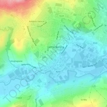 Mapa topográfico Letterkenny, altitud, relieve