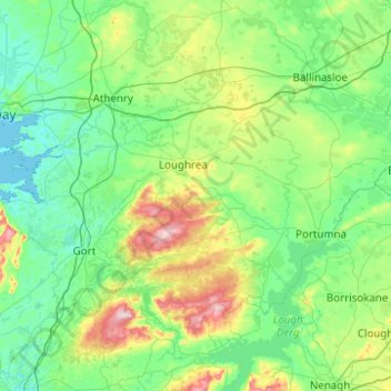 Mapa topográfico Loughrea Municipal District, altitud, relieve