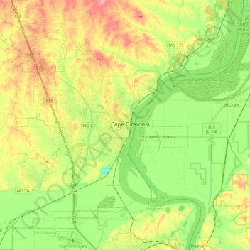 Mapa topográfico Cape Girardeau, altitud, relieve