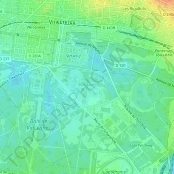 Mapa topográfico Parc Floral de Paris, altitud, relieve