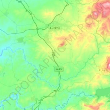Mapa topográfico Lucena, altitud, relieve