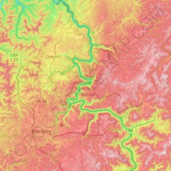 Mapa topográfico New River Gorge National Park and Preserve, altitud ...