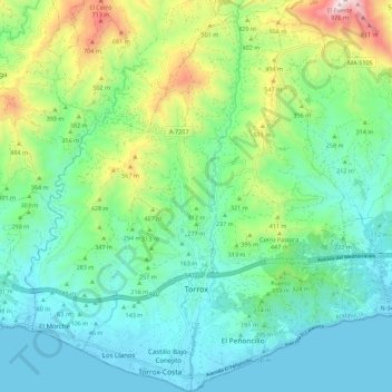 Mapa topográfico Torrox, altitud, relieve