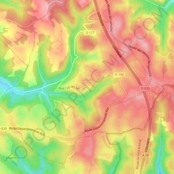 Mapa topográfico Ussel, altitud, relieve