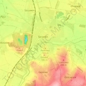 Mapa topográfico Strzelin, altitud, relieve
