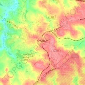 Mapa topográfico Grovetown, altitud, relieve