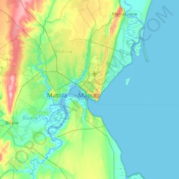 Mapa topográfico Maputo, altitud, relieve