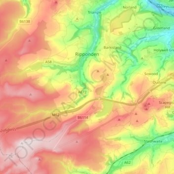 Mapa topográfico Ripponden, altitud, relieve