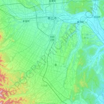 Mapa topográfico Obihiro, altitud, relieve