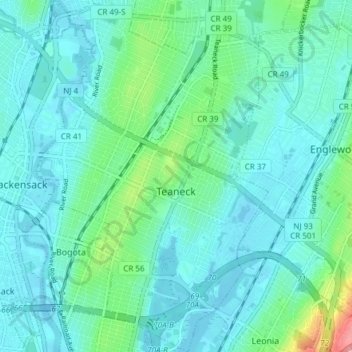 Mapa topográfico Teaneck Township, altitud, relieve
